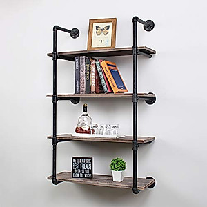 Industrial Pipe Floating Shelves,4 Tiers Wall Mount Bookshelf,30in Rustic Wall Shelves,DIY Storage Shelving Wall Shelf,Rustic Wall Shelving Unit,Wall Book Shelf for Home Organizer,Black Brushed Silver