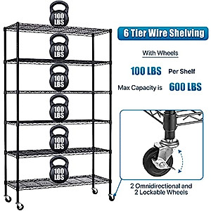 Dkelincs 6 Tier Wire Shelving Unit with Wheels 48" X 18" X 76" Metal Storage Shelves Height Adjustable NSF Heavy Duty Commercial Grade Garage Shelf Rack for Kitchen Basement Restaurant，Black
