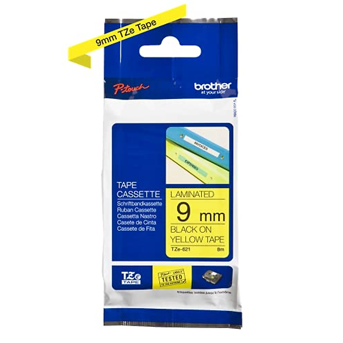 Brother Genuine P-Touch 2-Pack TZe-621 Laminated Tape, Black Print on Yellow Standard Adhesive Laminated Tape for P-Touch Label Makers, Each Roll is 0.35"/9mm (3/8") Wide, 26.2 (8M) Long