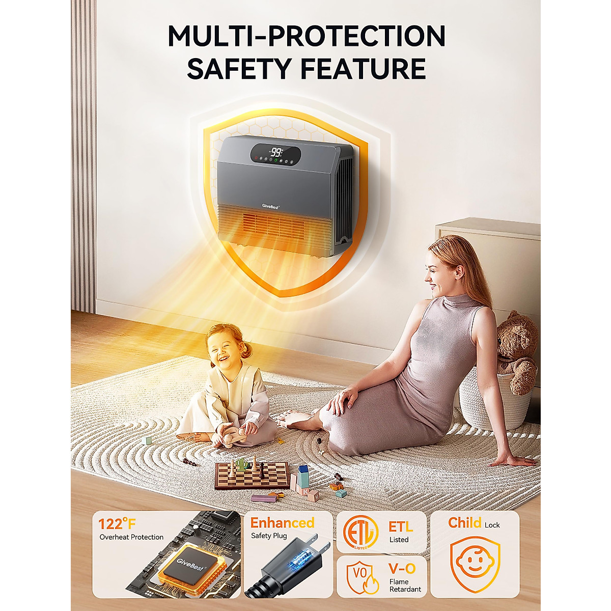 GiveBest Portable Ceramic Space Heater, 2 in 1 Oscillating 1500W/750W Electric Room Heater with Tip Over and Overheat Protection, 200 Square Feet Fast Heating for Indoor Bedroom Office Desk Home