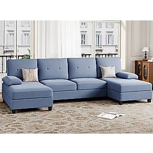 JAMFLY Sectional Sofa Couches for Living Room, Living Room Furniture Sets Clearance, 4 Seat U Shaped Sofa Sectional Couch with Chaise, Blue