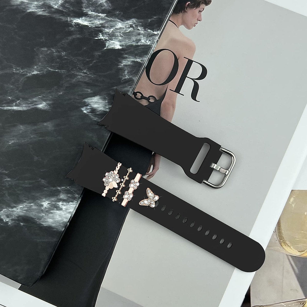 Kakurookie Band for Samsung Galaxy Watch 7 6 5 4 Band with Charms, Women Silicone Band with Metal Diamond Charms Accessories for Watch 6 Classic /Watch 5 Pro/Watch 4 Classic 47mm 46mm 44mm 43mm 42mm 40mm