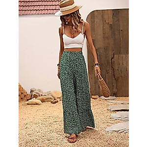 MakeMeChic Women's Floral High Waisted Ruffle Wide Leg Pants Boho Summer Beach Palazzo Pants Green L