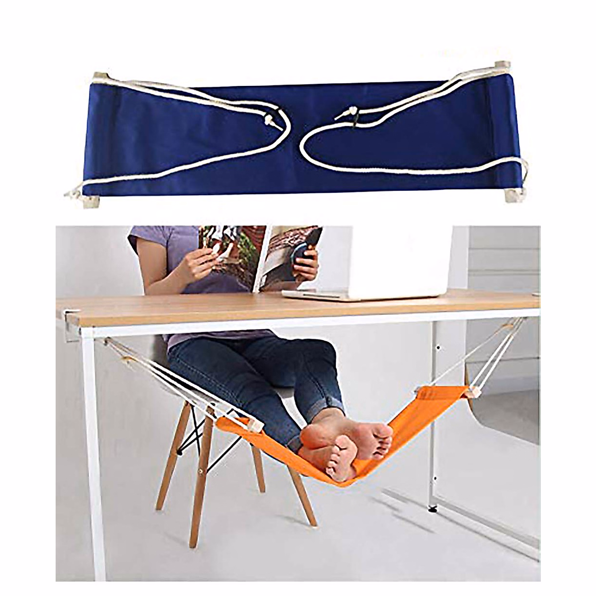 Home-Organizer Tech Portable Adjustable Foot Hammock for Corner Desk Office Foot Rest Mini Under Desk Foot Rest Hammock for Home, Office, Airplane, Travel, Study and Relaxing (Dark Blue)