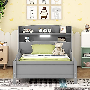 Twin Bed Frame with Storage Headboard and Fence Rails, Wood Low Platform Beds with LED Light and Slat Support for Kids Boys Girls Teens, No Box Spring Needed, Twin Size, Rustic Gray