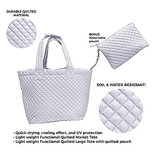 CLARANY Comfortable light weight quilted Tote bag with Pouch water repellent light Gray