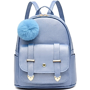 I IHAYNER Girls Fashion Backpack Mini Backpack Purse for Women Teenage Girls Purses PU Leather Pompom Backpack Shoulder Bag Bright Blue
