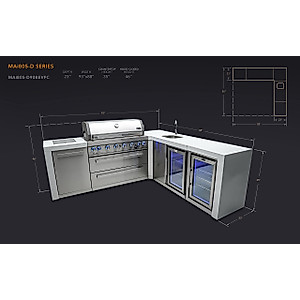 Mont Alpi MAi805-D90BEVFC 44-inch 6-Burner 115000 BTU 90 Degree Corner Deluxe Stainless Steel Gas Outdoor Kitchen Barbecue Island Grill + Lockable Compact Refrigerator + Faucet & Sink + Rotisserie Kit