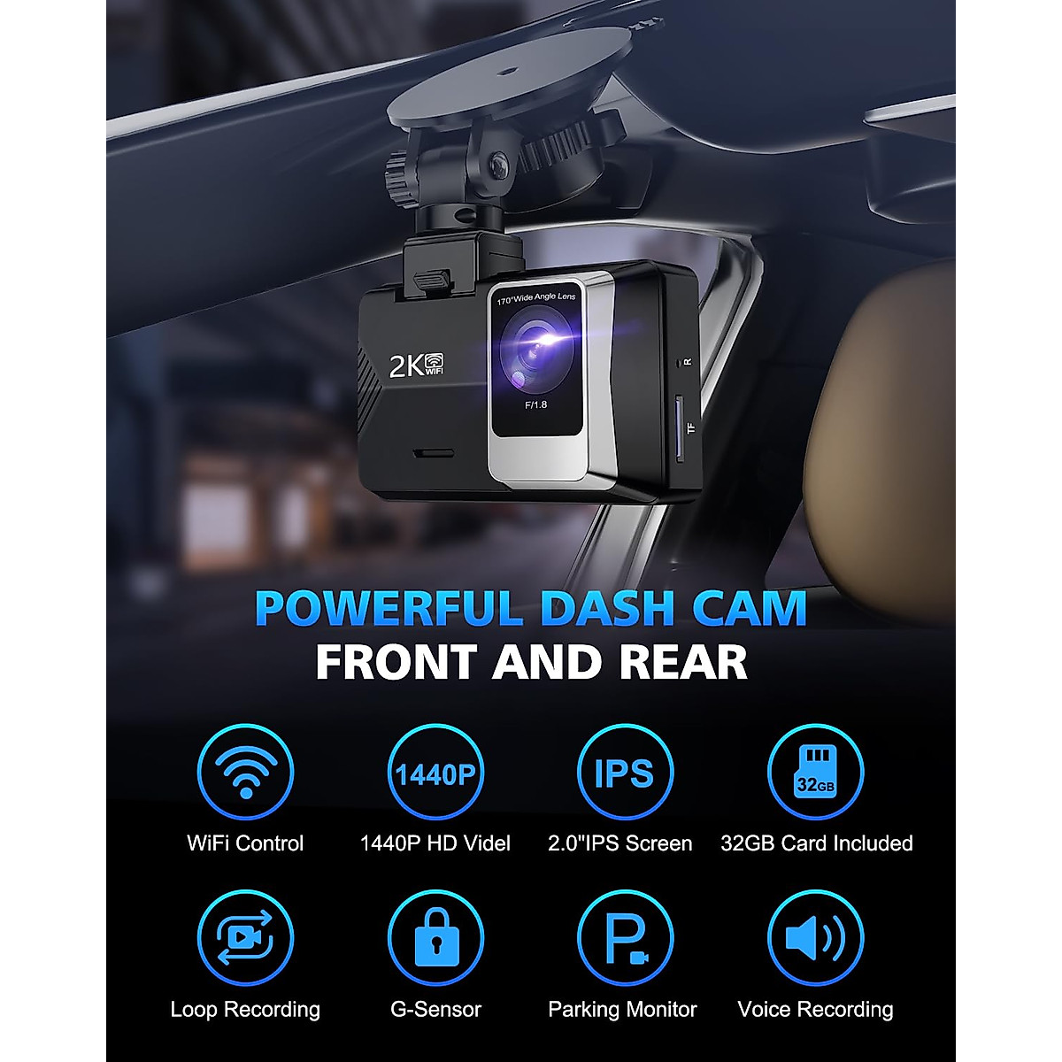 SUVCON Dash Cam Front and Rear 2K, Black