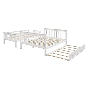 FIQHOME Stairway Twin-Over-Full Bunk Bed with Twin Size Trundle,Bunk Bed Frame Convertible into 2 Beds Storage and Guard Rail for Bedroom, Dorm, for Adults, White
