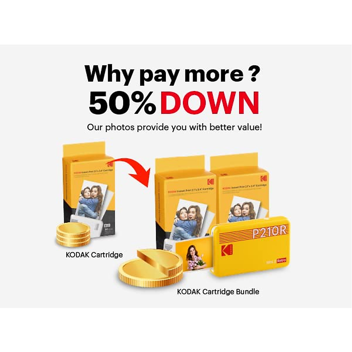 KODAK Mini 2 Retro 4PASS Portable Photo Printer (2.1x3.4 inches) + 68 Sheets Bundle, Yellow