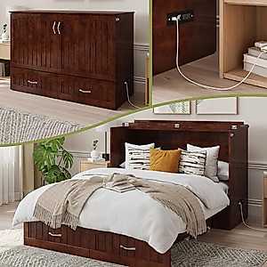 AFI Southampton Full Murphy Bed Chest with Mattress, Storage, and Built-in Charger in Walnut
