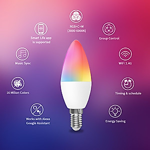 Smart Light Bulbs E12 RGB+CCT Led WiFi+Bluetooth Smart Bulbs 300lm 40W Equivalent Multicolor and Dimmable, Halloween light bulbs Work with Alexa Google Smart Things WiFi(2.4GHz) No Hub Required 5Pack