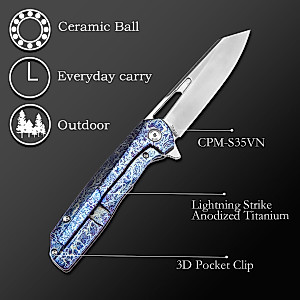 KANSEPT Shard Premium Pocket Folding Knives for Men EDC Pocket Knife 3.48'' Satin CPM-S35VN Material Excellent Folding Knife with Lightning Strike Anodized Titanium Handle EDC K1006A16