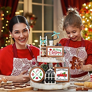 Bokon 30 Pcs Tiered Tray Decor Set for Christmas Winter Interchangeable Farmhouse Tiered Tray Decorations with Wood Frames Thanksgiving Halloween Fall Seasonal Wooden Sign for Holiday Table Home Decor