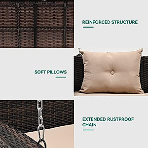 YITAHOME Wicker Hanging Porch Swing Chair Outdoor Brown Rattan Patio Swing Lounge w/ 2 Back Cushions Capacity 530lbs for Garden, Balcony, Living Room, Beige