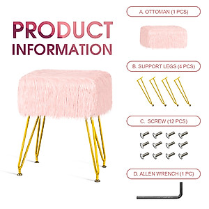 MOOWIND Vanity Stool Chair with Storage, Soft Ottoman Seat Vanity Stool with Anti-Slip Feet, Fluffy Padded Seat Multifunctional Footrest Side Table with 4 Metal Legs for Makeup, Bedroom, Pink