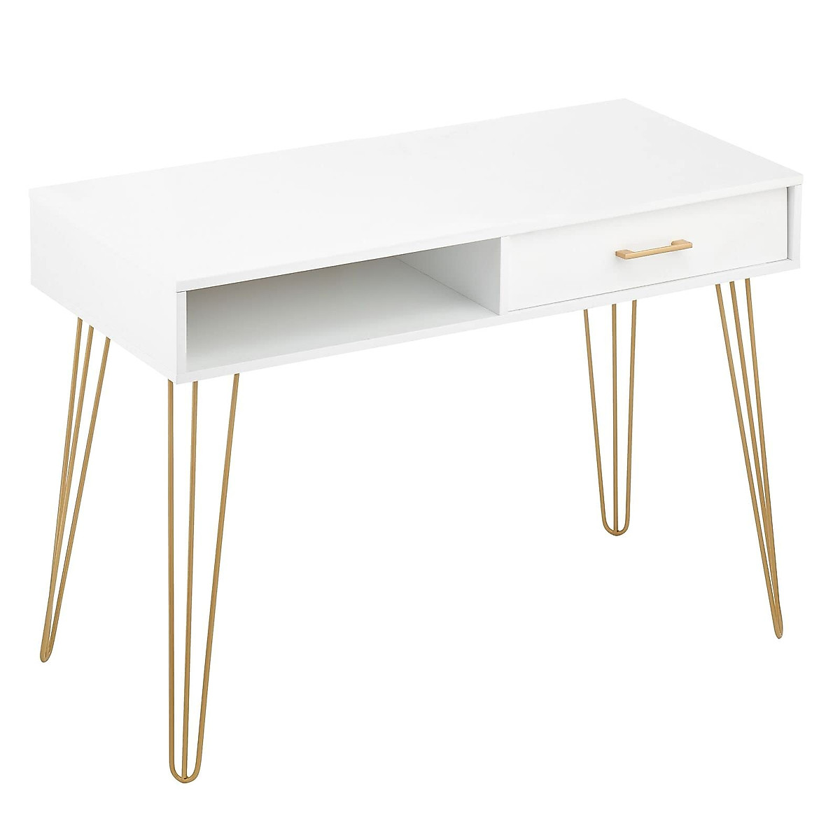 mDesign Metal/Wood Modern Computer Desk - Minimalist Desk and Computer Table with Drawer - Simple Desk with Storage Cubby and Hairpin Legs - Small Work Desk for Home Office, Study - White/Soft Brass