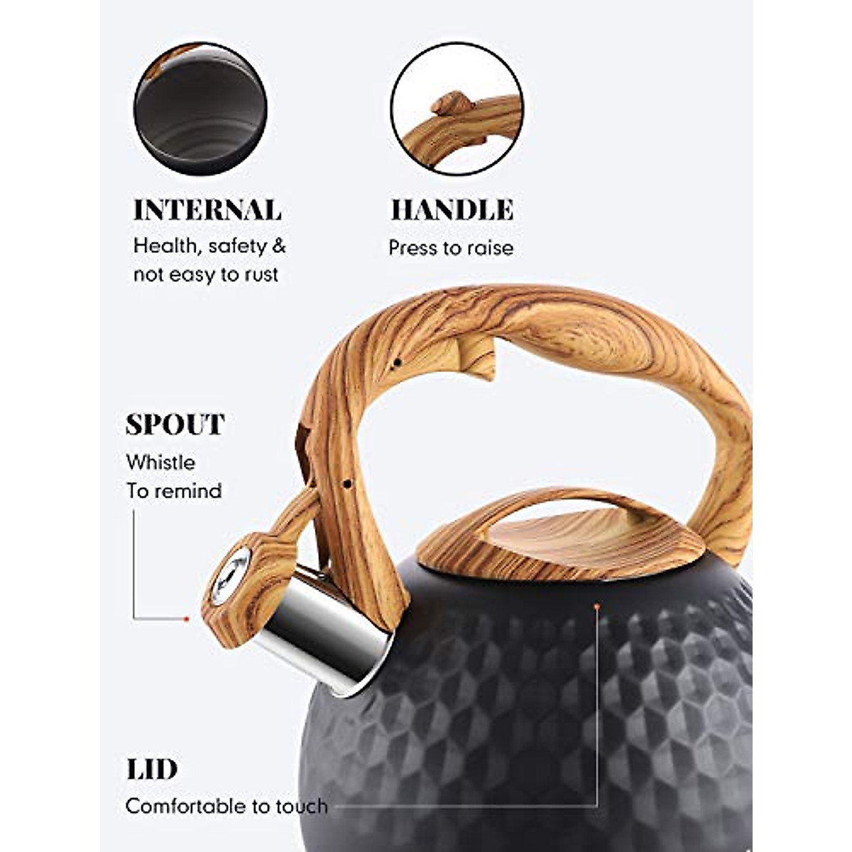 Tea Kettle, 2.7 Quart / 3 Liter BELANKO Stainless Steel Tea Kettles for Stove Top, Food Grade Teapot with Wood Pattern Handle Loud Whistling for Coffee, Milk etc, Gas Electric Applicable - Black