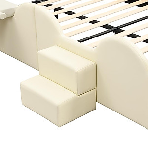 BOVZA Kids Cute Full Size Upholstered Platform Bed Frame with Children's Slide and Piglet Shape Headboard, Wooden Slats Support, No Box Spring Needed, Beige