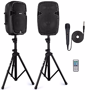 Pyle Wireless Portable PA Speaker System - 1000W High Powered Bluetooth Compatible Active + Passive Pair Outdoor Sound Speakers W/USB SD MP3 AUX - 35mm Mount, 2 Stand, Microphone, Remote