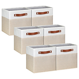 Pomatree 11 Inch Cube Storage Bin - 6 Pack - Linen Fabric Cubby Storage Bins for Bedroom, Living Room, Clothes and Toys, Shelves and Closet Organizer; Foldable, Dual Leather Handles (White & Beige)