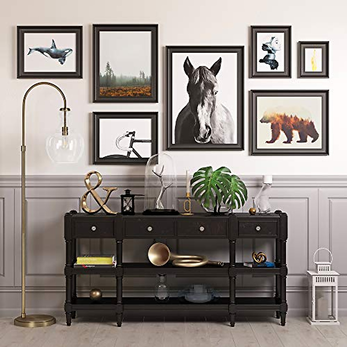 Henn&Hart Arc Floor Lamp with Glass Shade in Brass/Clear, Floor Lamp for Home Office, Bedroom, Living Room