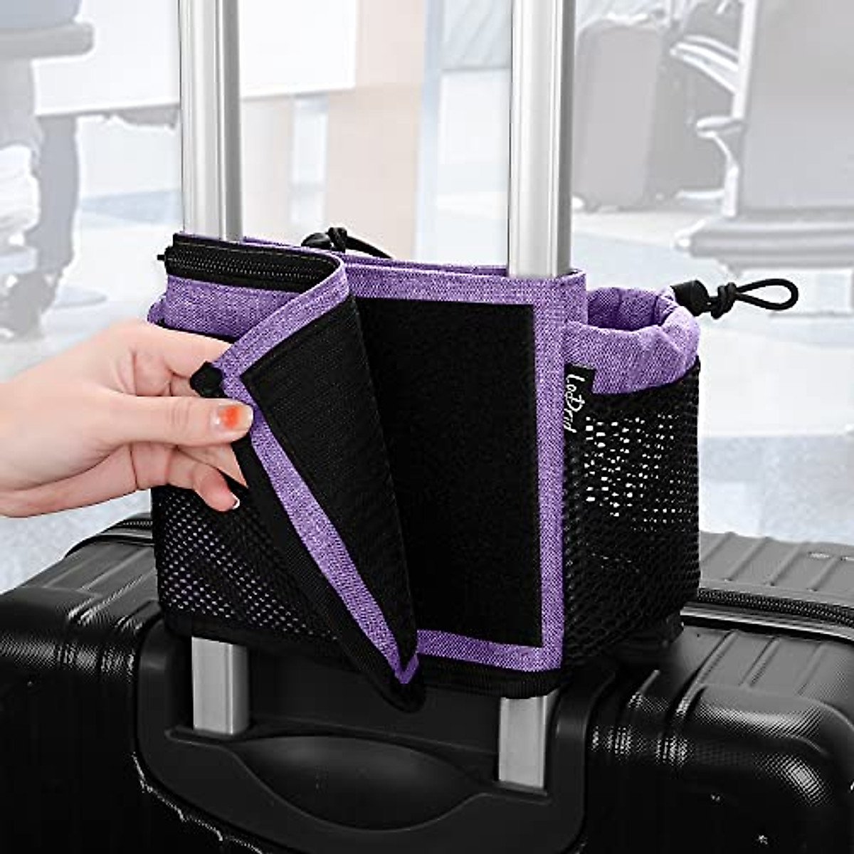 LoDrid Luggage Cup Holder, Hands-Free Drink Holder with 2 Coffee Mugs Tightening Drawstring, Fits Most Suitcase Handles, Luggage Cup Holder Attachment, for Flight Attendant & Travelers, Purple