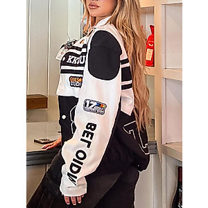 Angsuttc Bomber Jacket Motorcycle Detachable Letter Graphic Racer Jackets Color Contrast Varsity Coats Skirt Set Black XL