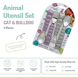 melii Toddler and Kid Feeding Spoon & Fork Set, Stainless Steel, BPA Free, Dishwasher safe (Cat & Bulldog 4pc)