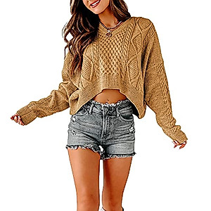 Tankaneo Women's V Neck Cropped Sweater Long Sleeve Crop Top Cable Knit Oversized Pullover Sweater Brown