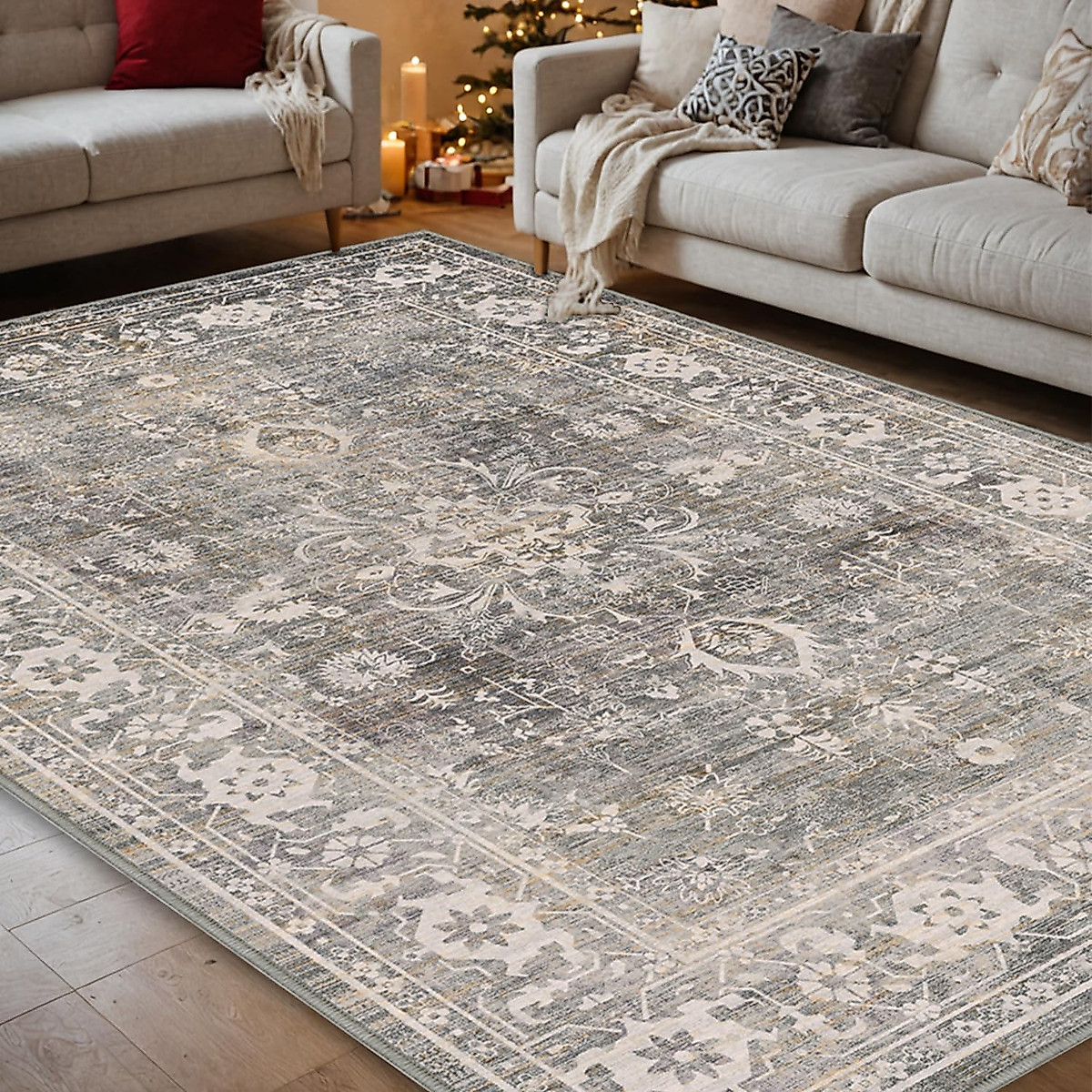 DEXI Area Rug 5x8, Washable Rugs Living Room Dining Room Bedroom Bedside, Non-Shedding Low-Pile Shag Soft Large Carpet Mat for Inside Floor, Beige Grey