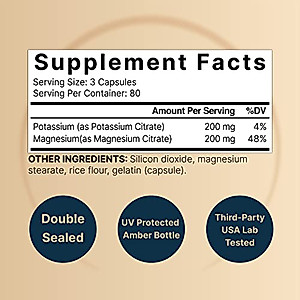 Potassium Magnesium Supplement – Potassium 200mg + Magnesium 200mg | 240 Capsules – Easily Absorbed Potassium Citrate & Magnesium Citrate – Muscle, Bone, & Heart Health Support – Non-GMO