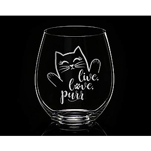 Cat Lovers Engraved Live Love Purr Stemless Wine Glass Kitchen Decor Cat Lady Accessories Birthday Mothers Day Fathers Gifts for Women Men