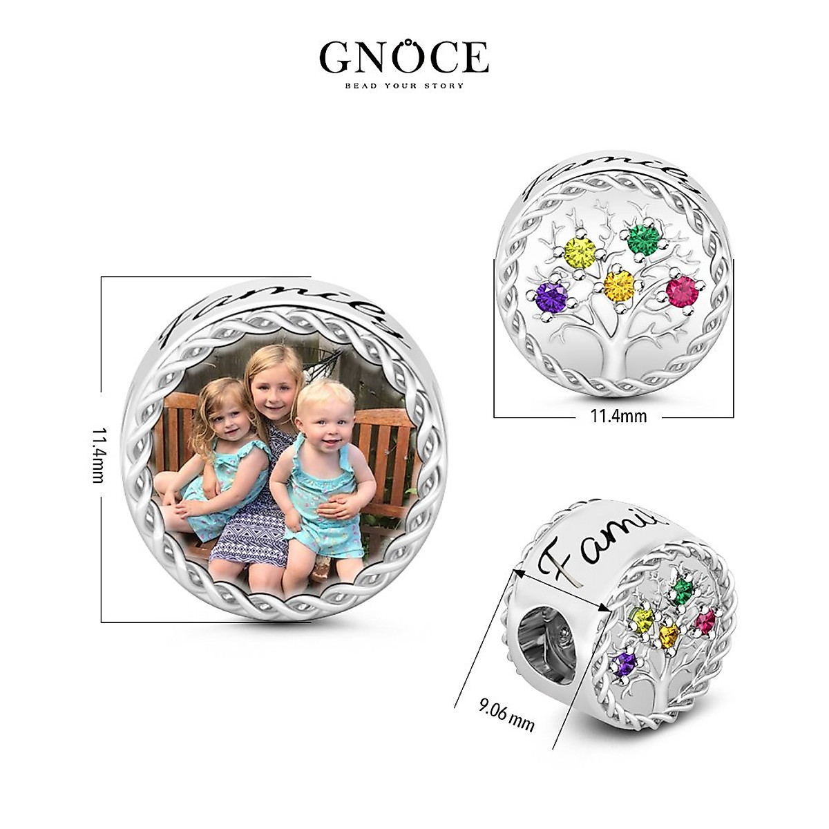 GNOCE Custom Photo Charm Personalized Photo Charm 925 Sterling Silver Pendant for Bracelets Necklaces (Family Tree Rund)
