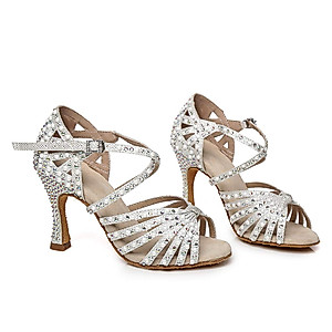 SWDZM Rhinestone Latin Dance Shoes for Women Ballroom Salsa Chacha Professional Performance Practice Dancing Shoes,YCL429-White-7.5,US 7