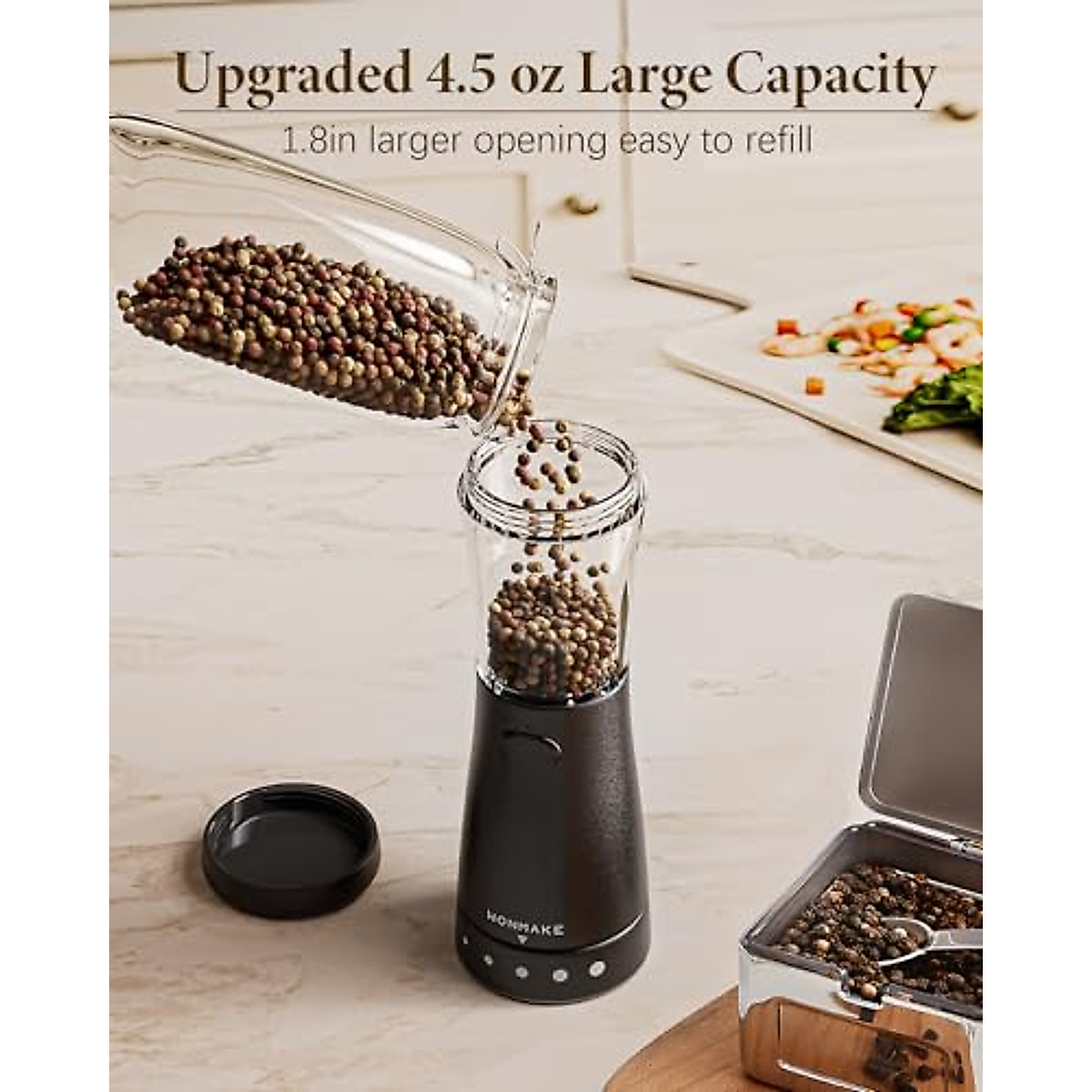 Electric Salt and Pepper Grinder Set with 4.5oz Large Capacity, Stainless Steel Rechargeable Salt and Pepper Grinder with 1.8" Wide Mouth, Storage Base,Adjustable Coarseness, and One-Hand Operation