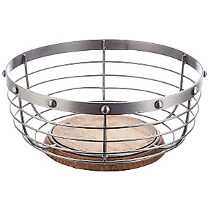 KitchenCraft Industrial Kitchen Vintage-Style Metal/Wooden Fruit Bowl, 28 x 12 cm (11" x 5") - Grey