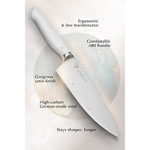 Lordelle Knife Block Set - 5 Piece Set - White Chantilly Snow - Lifestyle Home Kitchen Design - German X50 Stainless Steel - ABS Handle - Ash Wood Block - Cooking Chef Knife, Santoku, Paring, Utility