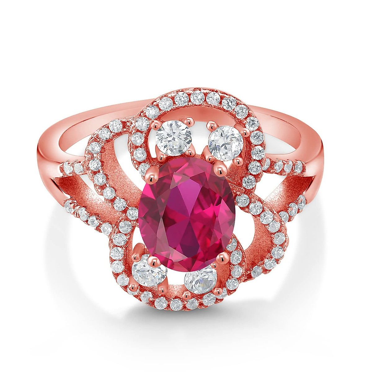 Gem Stone King 18K Rose Gold Plated Silver Oval Red Created Ruby Women Statement Ring (2.82 Cttw, Available In Size 5, 6, 7, 8, 9)