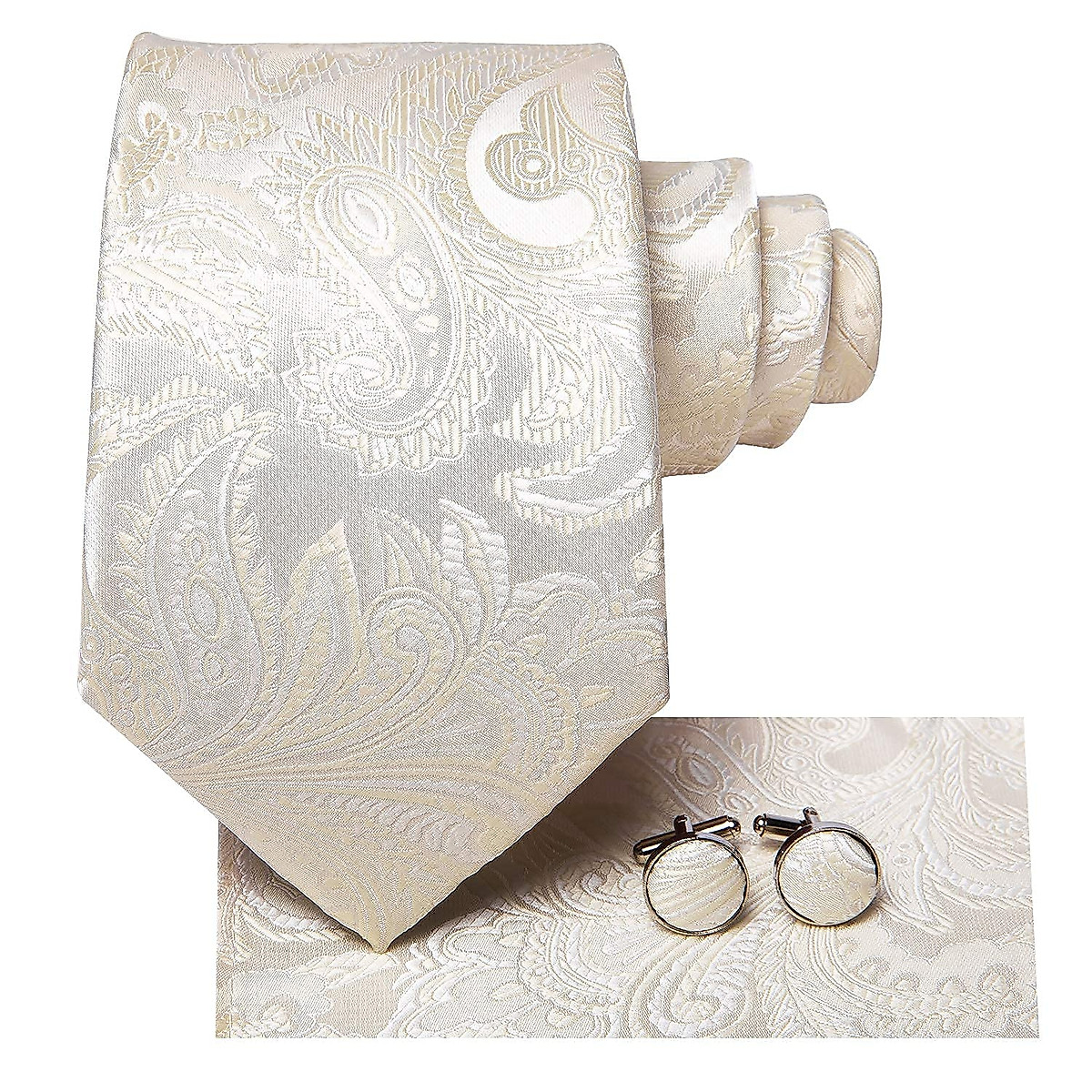 Hi-Tie Silk Ties for Men Plaid Paisley Striped Necktie Pocket Square Cufflinks Set Formal Business,Lvory