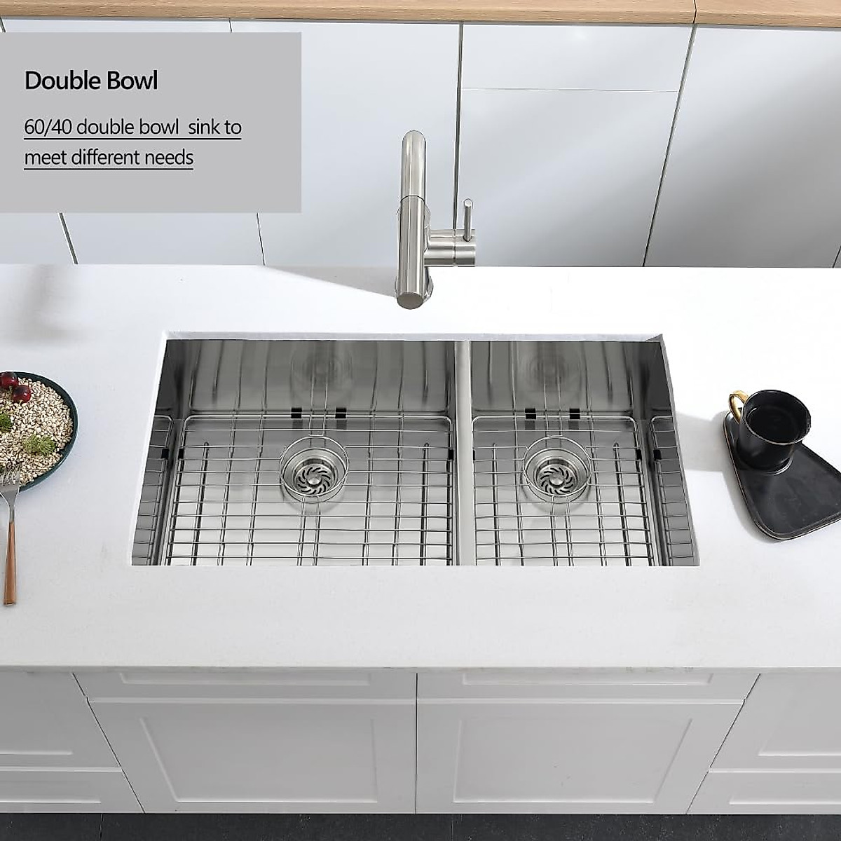 33 Undermount Double Bowl Stainless Steel Kitchen Sink - Dorzom 33" x 17" Stainless Steel Sink 18 Gauge Right Angle Double Bowl 60/40 Kitchen Sink Basin H004L-331709