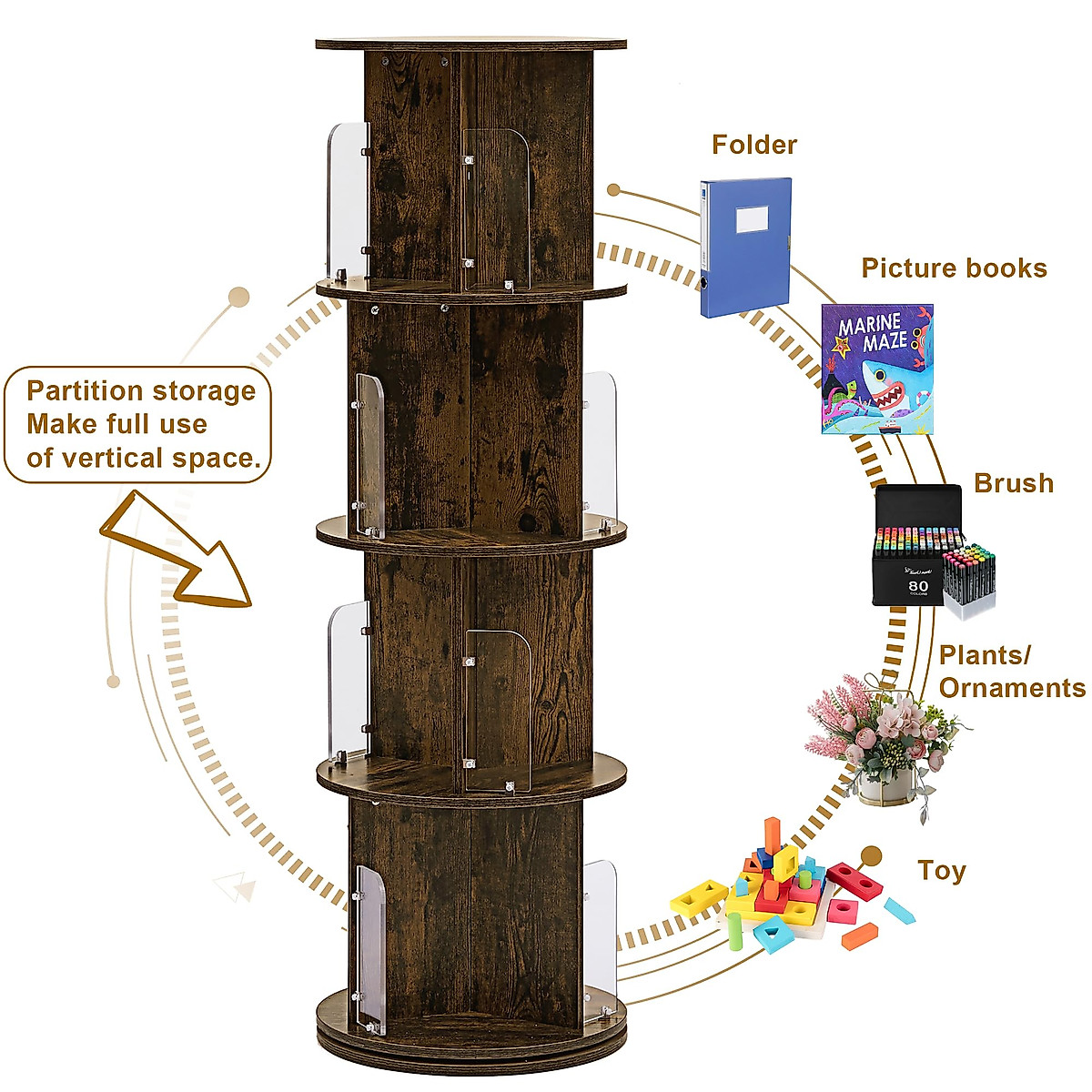 VECELO 4 Tier Revolving Bookshelf Tower, 360° Display Floor Standing Storage Rack with Acrylic Visible Window Partition for Bedroom, Living Room Home and Office, Brown