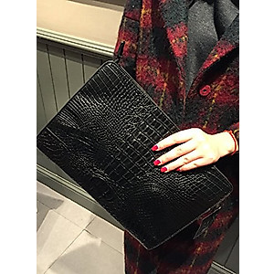 Van Caro Oversized Leather Crocodile Clutch Envelope Purse Evening Handbag for Women, Black
