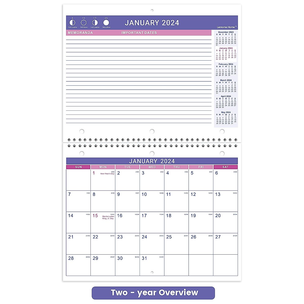 2024 Calendar - 2024 Wall Calendar, JAN. 2024 - DEC. 2024, 11" x 8.5", 12 Monthly Calendar 2024 with Twin-Wire Binding + Hanging Hook + Unuled Blocks with Julian Dates - Purple