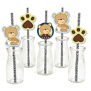 Baby Boy Teddy Bear Paper Straw Decor - Baby Shower Striped Decorative Straws - Set of 24