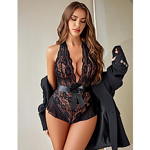 Avidlove Womens Halter Plunging Teddy Lace Lingerie Bodysuit One Piece Babydoll Black Small