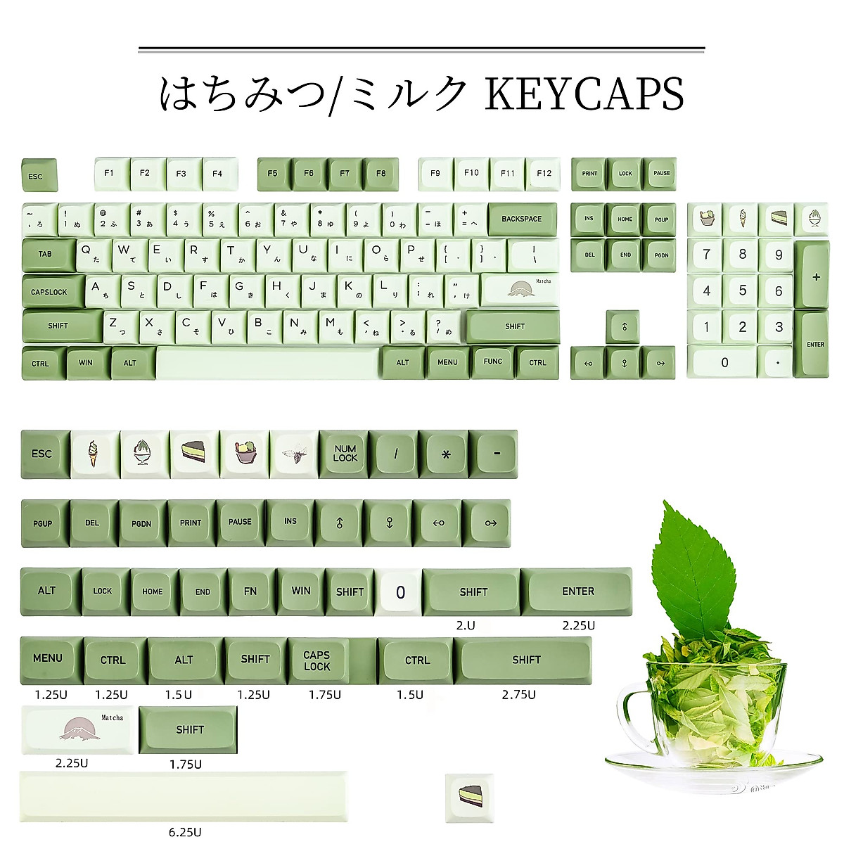 Guffercty kred GTSP XDA Profile Japanese Keycaps 60 Percent PBT 122 Key Green Keycaps Set for Cherry MX Covers Tenkeyless 60% 65% Gaming Keyboard (Matcha)