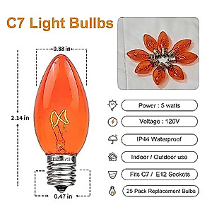 CHYSUPER C7 Halloween Replacement Bulbs, Orange Night Light Bulbs, 5W Incandescent E12 Candelabra Base, Warm White for Christmas Wedding Patio Outdoor String Lights Decor, 25 Pack