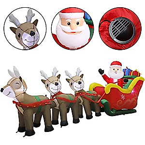 MorTime 9.5 FT Christmas Inflatable Santa Claus on Sleigh Pulled by Three Reindeers with Gift Boxes, Blow up Lighted Yard Decor for Outdoor Decorations